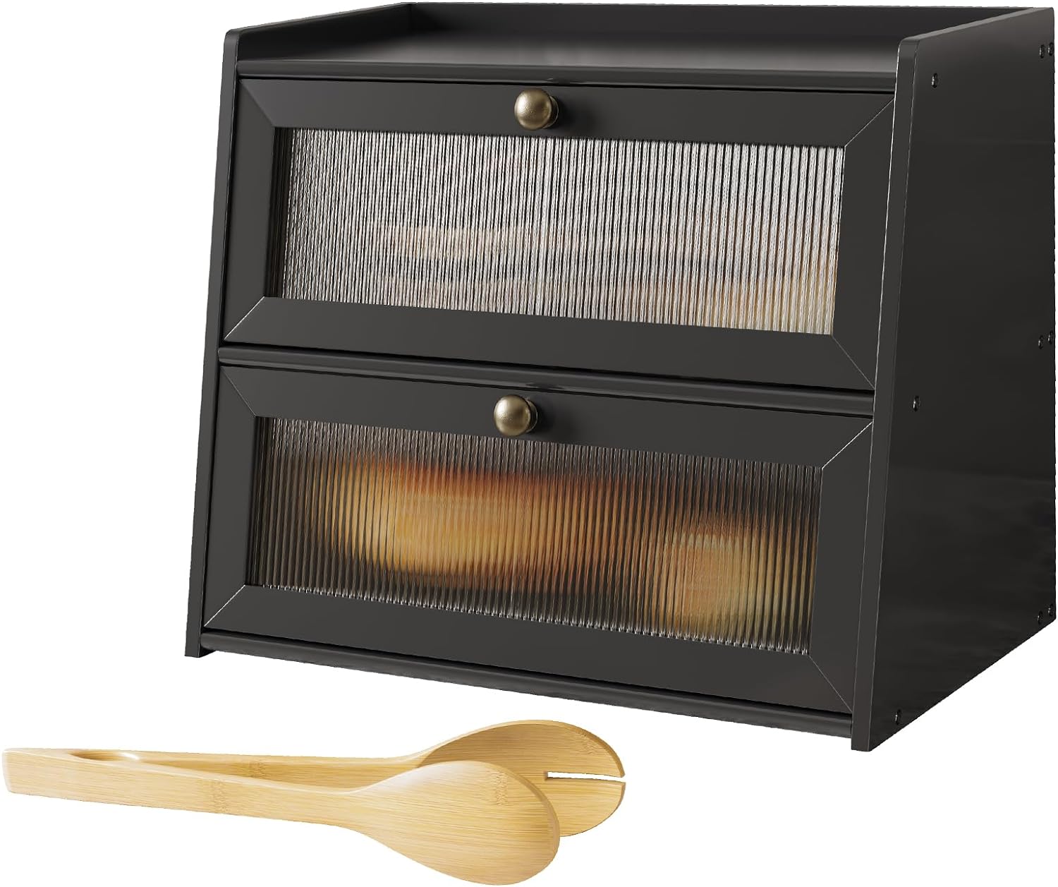 BALANBO Double Layer Large Bamboo Bread Box for Kitchen Counter, Wooden ...